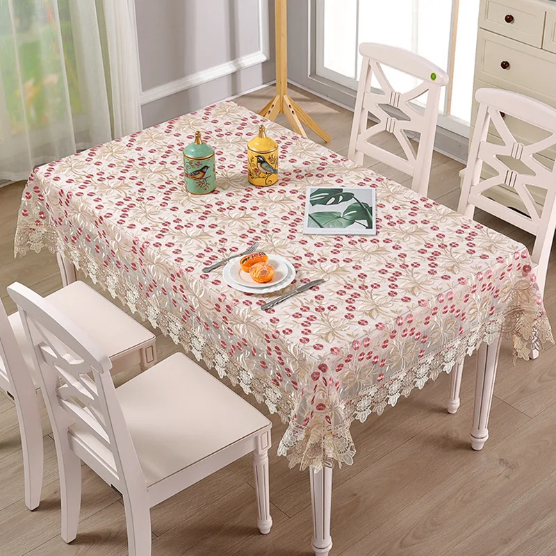 Wine Red lace dinner tablecloth, luxury white embroidery lace trim leaf ...