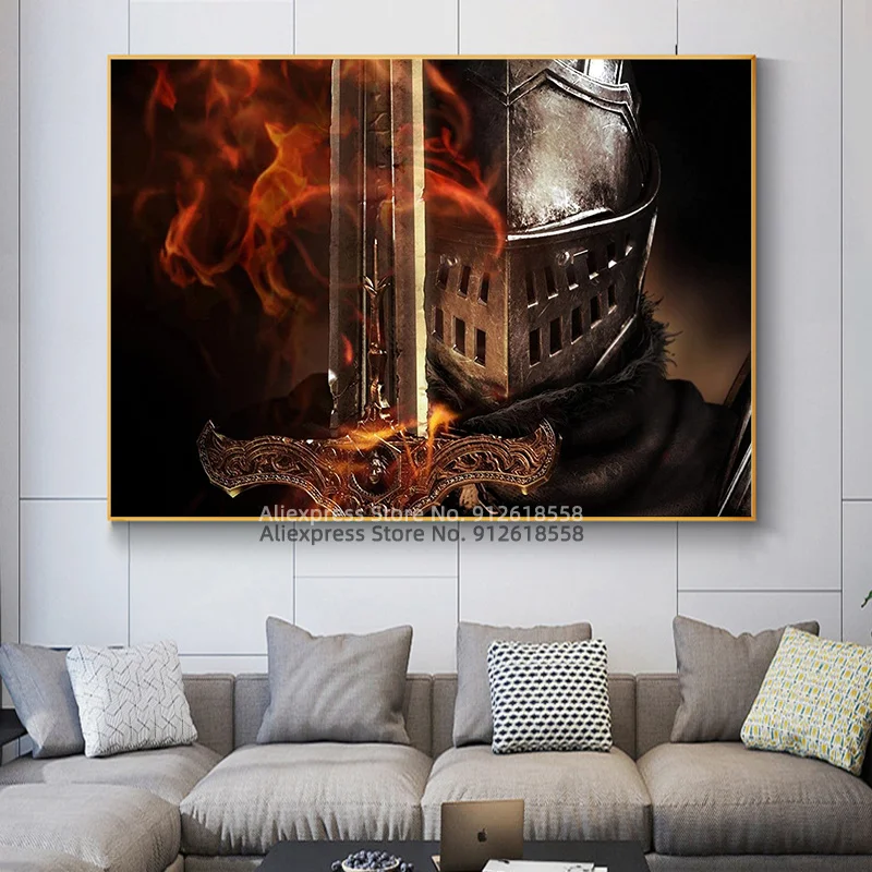 English Text Canvas Poster Fallen Knight In Battle Retro Crusader ...