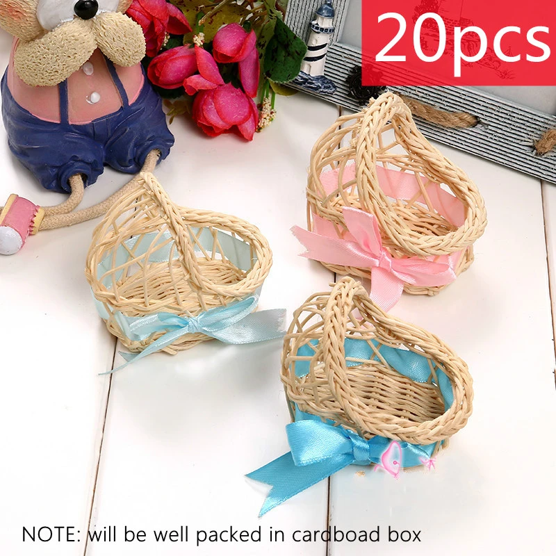 20pcs Mini Rattan Baby Cradle with Ribbon Candy Box Christening Baptism ...