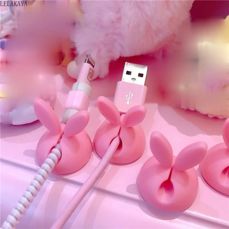 4pcs Pink Bunny Ear Rabbit Desktop Data Cable Holder Creative Action ...