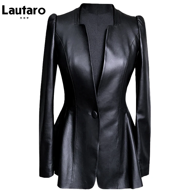 Lautaro-Autumn-Black-Slim-Soft-Pu-Leather-Jacket-Women-Deep-V-Neck-Long ...