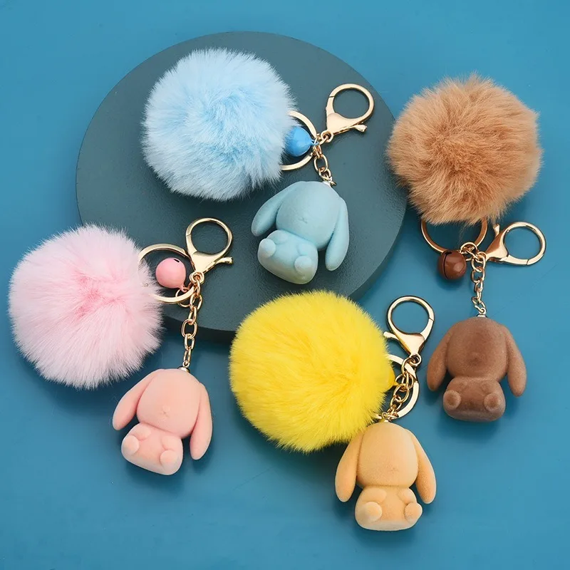 Creative cute bunny doll flocking key chain cute animal bunny cartoon ...