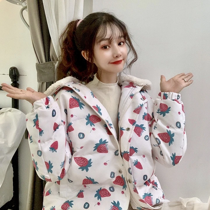 Woherb Women's Harajuku Parkas Kawaii Jacket Strawberry Print Winter ...