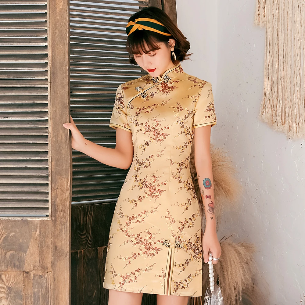 Female Qipao Mandarin Collar Short Cheongsam Vestidso Elegant Chinese ...