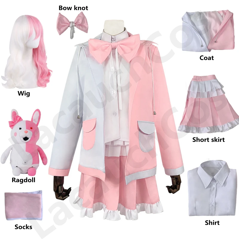 New Dangan Ronpa Monomi Cosplay Costume Pink Long Wig Bear Toy ...