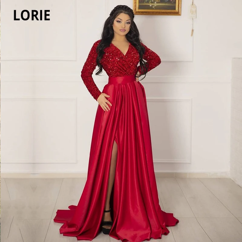 Lorie Arabic Red Evening Dresses Mermaid V-neck Long Sleeves Sequines ...