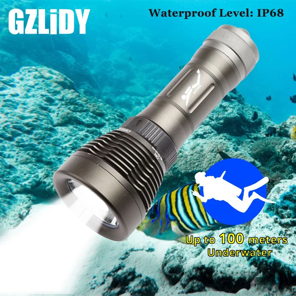 Potente linterna LED de buceo IP68, interruptor giratorio, luz ...