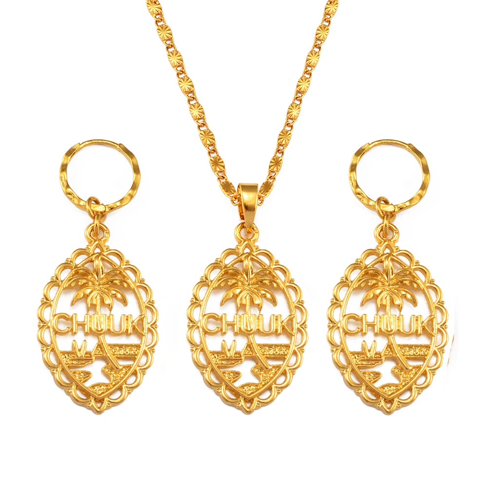 Anniyo Micronesia Chuuk Pendant Necklace Earrings sets for Women Gold ...