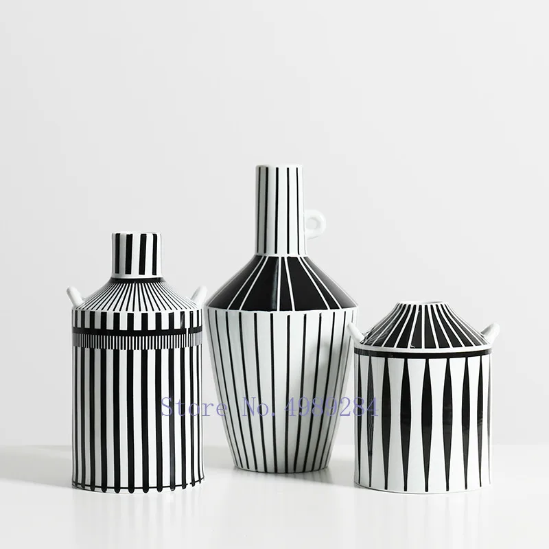 Florero de cerámica con diseño de rayas blancas y negras, jarrón ...