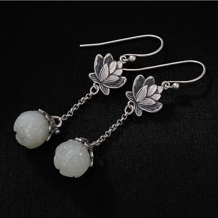 Original-natural-Hetian-white-jade-lotus-long-earrings-Chinese-retro ...