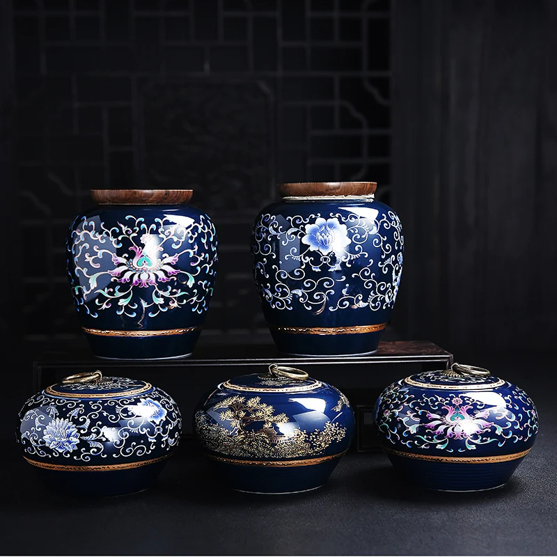 Retro-Painted-Flower-Ceramic-Jar-with-Lid-Household-Gold-painted-Sealed ...