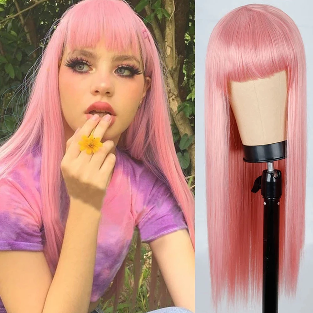 Pink Wig Straight Bangs | Long Straight Bangs Wig Pink | Wig Pink Long ...