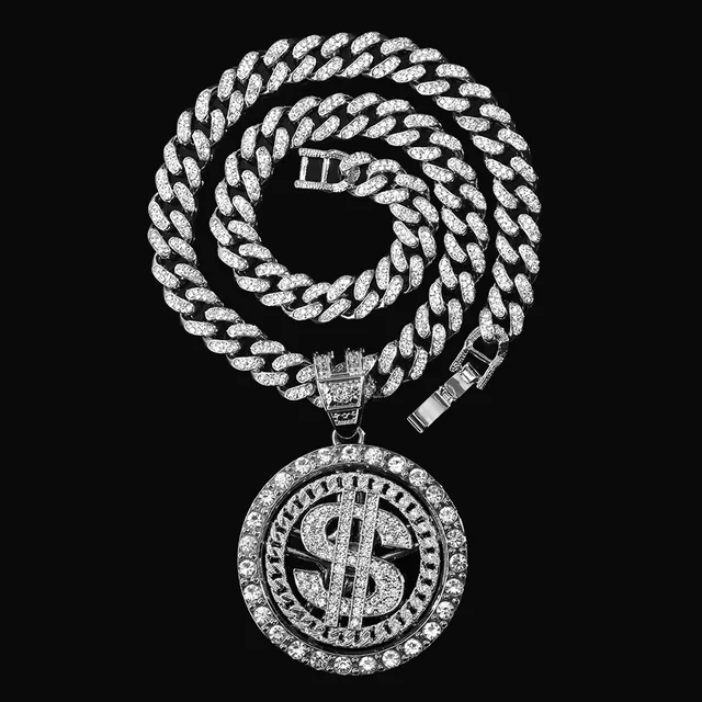 Men Hip Hop Iced Out Rotatable Dollar Sign Cuban Necklace For Women ...