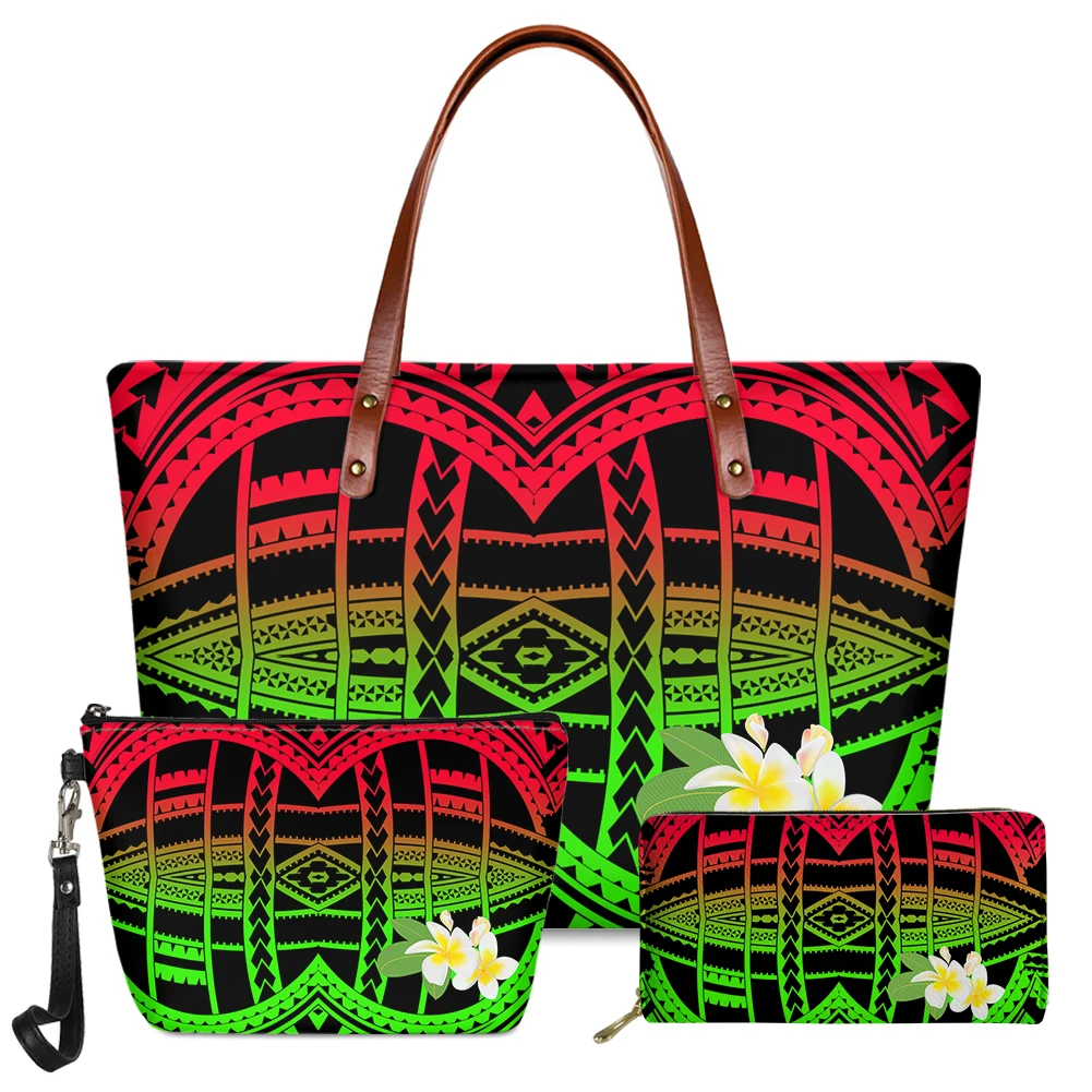Polynesian Strips Handbag Set Tribal Hibiscus Women Shoulder Bag 3 Pcs ...