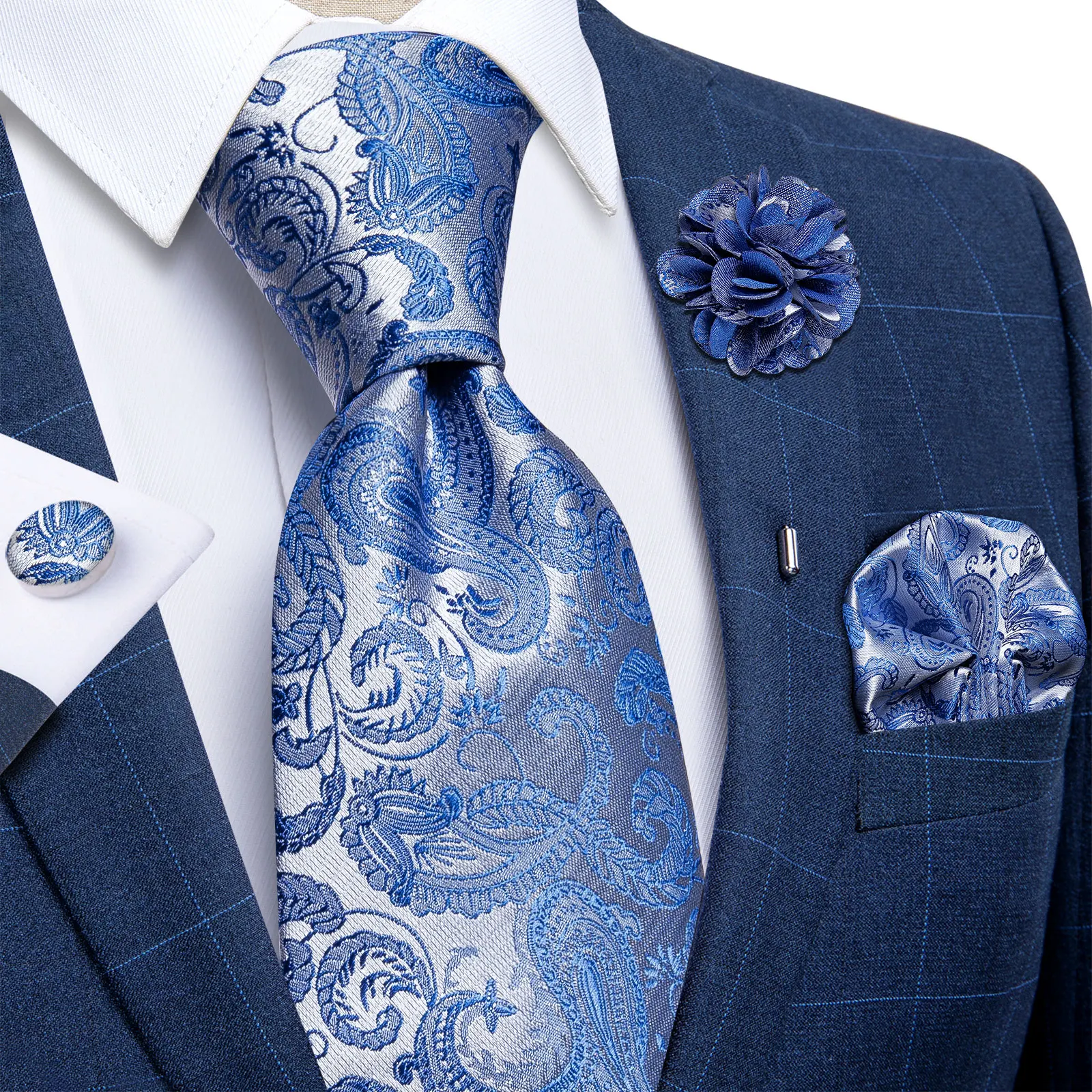 Blue-Silver-Paisley-Neck-Ties-For-Men-Luxury-8cm-Wide-Silk-Wed-Tie ...