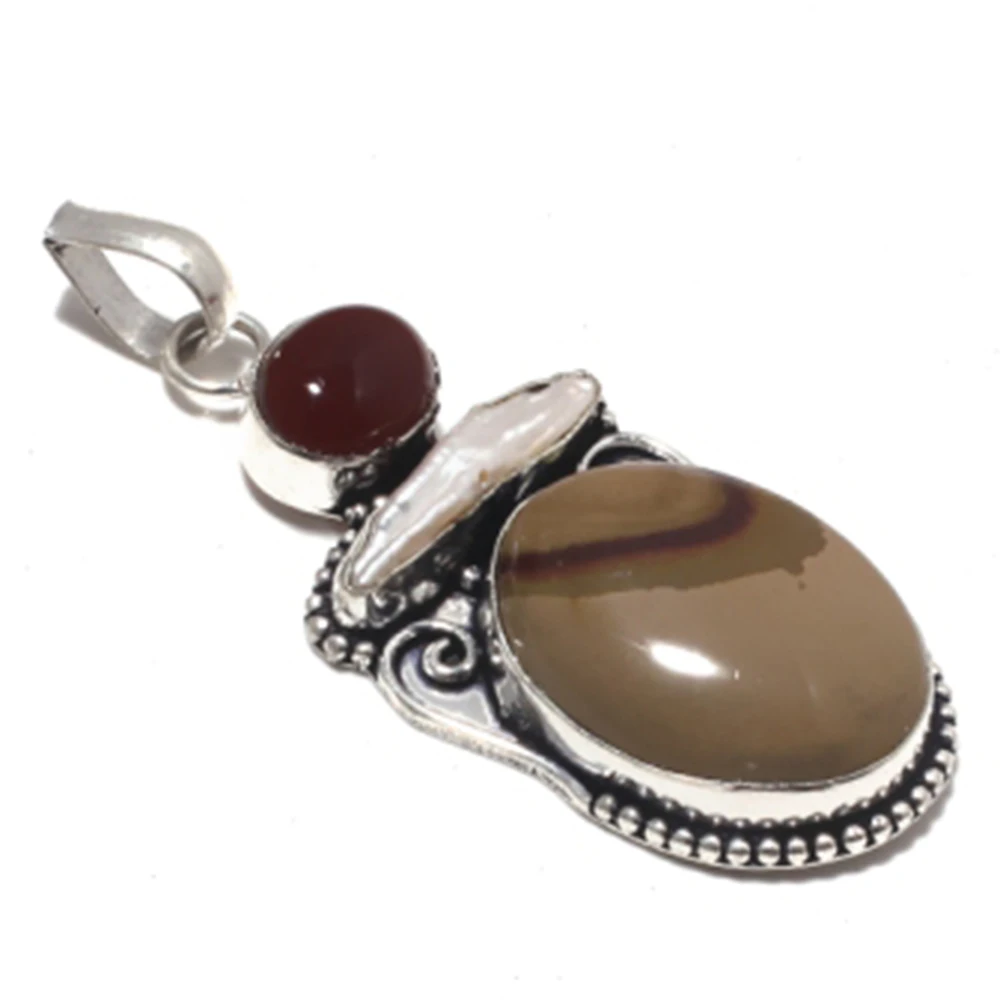 Mookaite auténtico jaspe + perla Biwa + colgante de cornalina, Plata ...