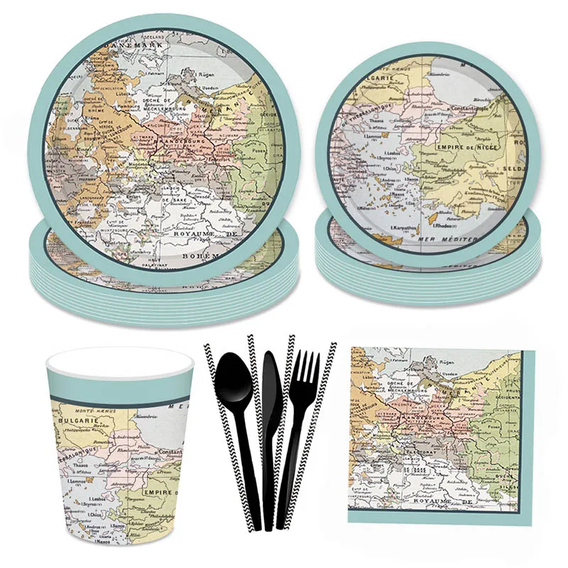 World Map Theme Disposable Tableware Travel Festival Paper Plate Cups ...