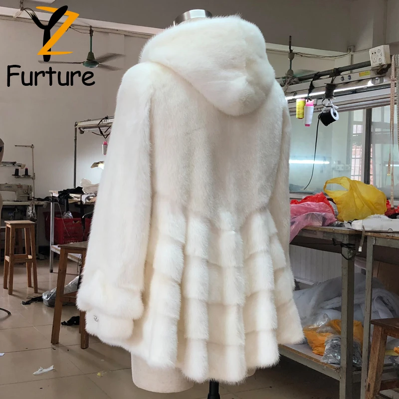 Casacos de pele de vison com capuz, saia traseira personalizada para outono e inverno, jaquetas ...