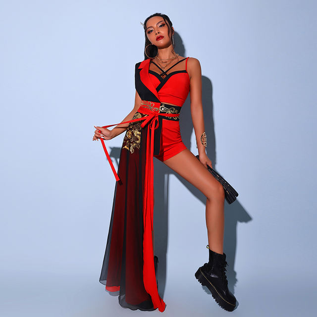 FREE SHIPPING Red Outfit Nightclub Dance Costumes Street Dance wear JKP5910