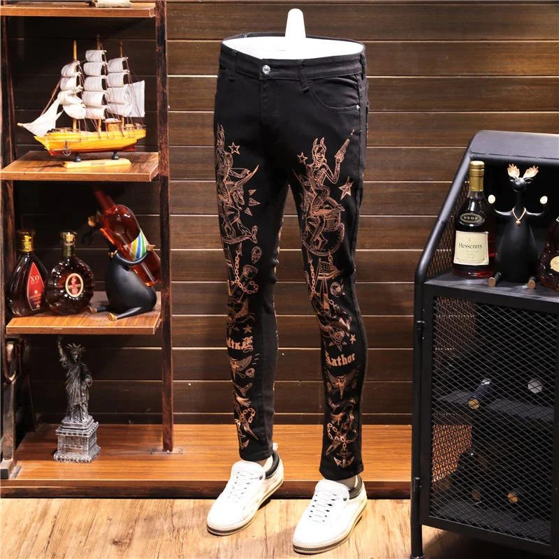 Black Gold Key Chain Print Jeans Homme Slim Fit Vintage Denim Pant ...