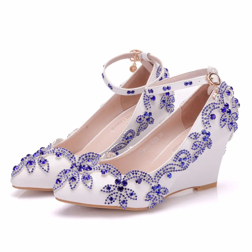 Crystal Queen New Fashion Blue Rhinestone Pumps Women Sweet Wedges ...