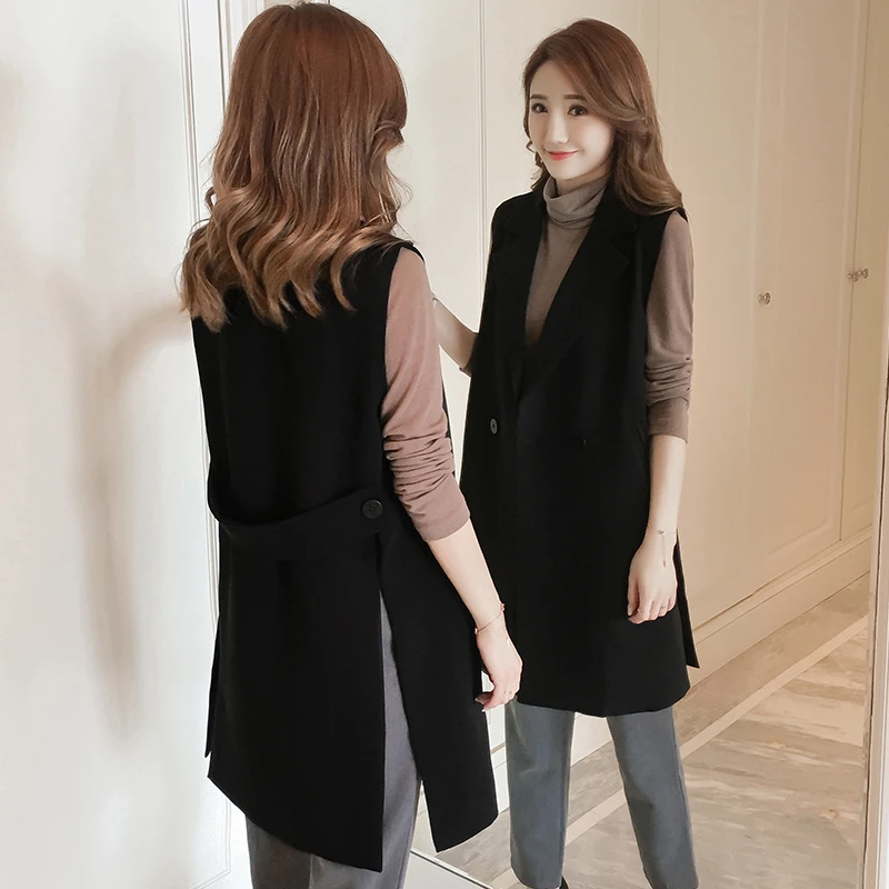 New Korean Fashion Split Long Women's Vest Spring Elegant Black ...