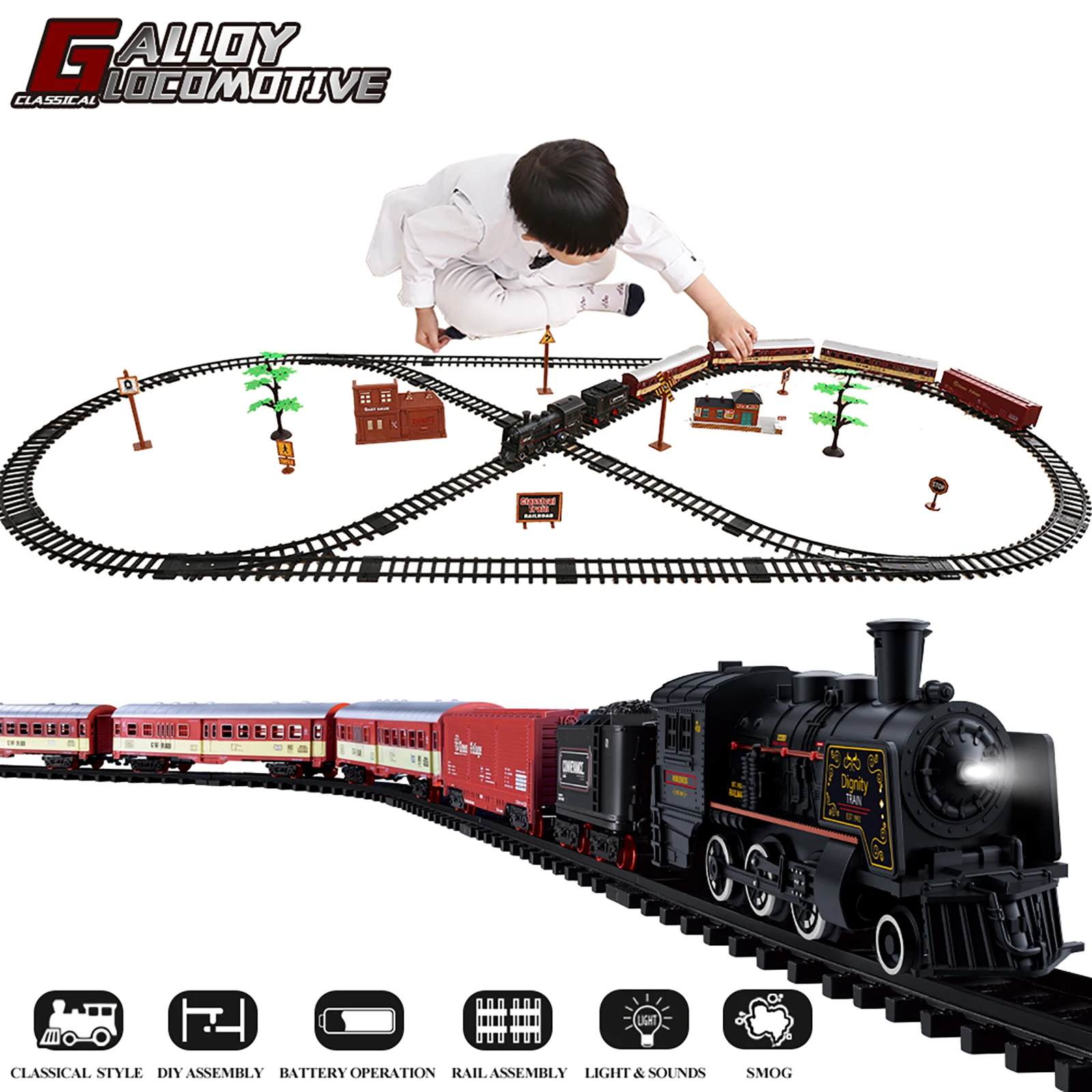 Electric Christmas Train Toy Set Car Railway Tracks Steam Locomotive ...