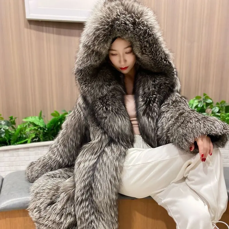 Women's fur coat imitation fox fur windbreaker hood long jacket young ...