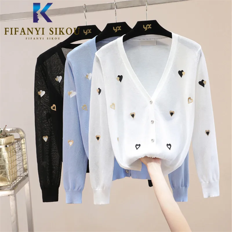 2020 Spring Summer Women Knitting Sweater Thin Cardigan Coat Embroidery ...