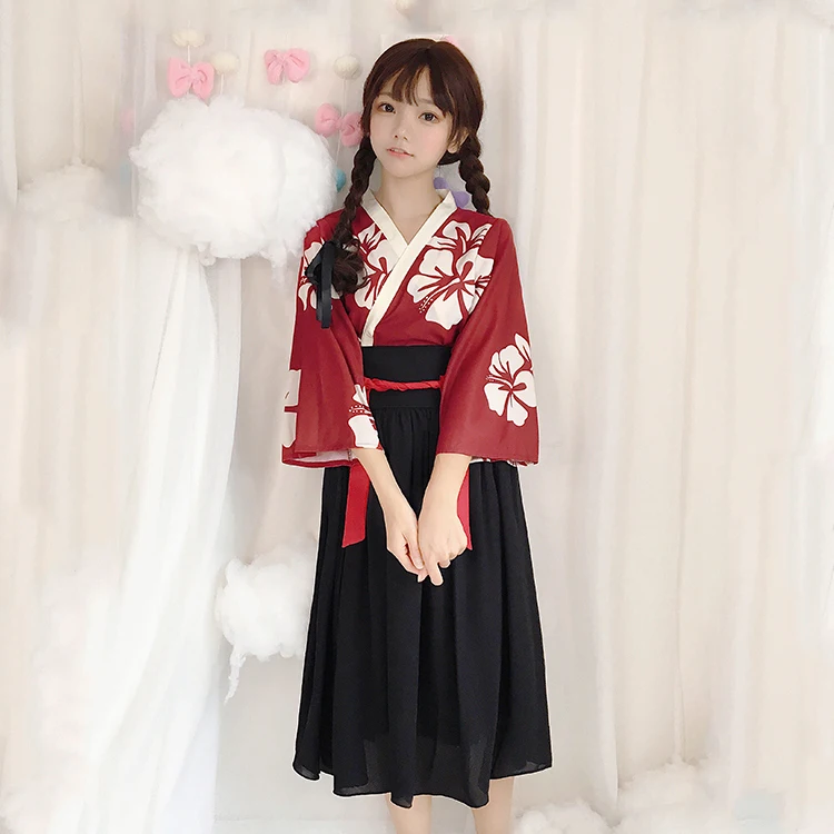 Girls Japanese Style Retro Kimono Floral Woman Party Dress Summer Fashion Outfits Top Bow Skirt ...