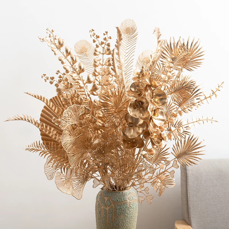 Golden-Artificial-Plastic-Flowers-Orchid-Eucalyptus-Maple-Palm-Leaf ...