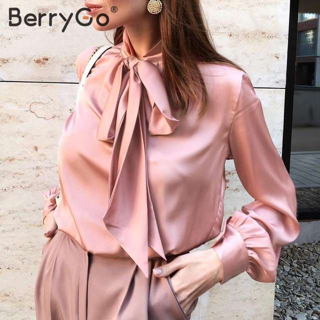 Pink Office Blouses Neck Tie Shirt Summer Spring Long Sleeve Blouses ...