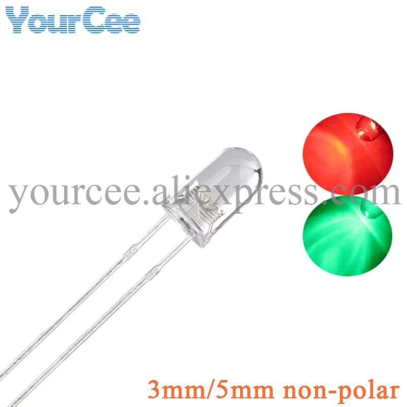 100PCS 5mm 3mm LED Bi Color Clear Red/Green Fog/Diffused Non Polar ...
