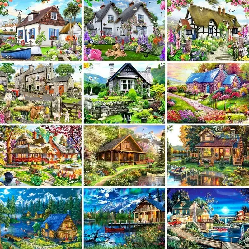 GATYZTORY 60x75cm Painting By Numbers Frameless Country Cottage Paint 