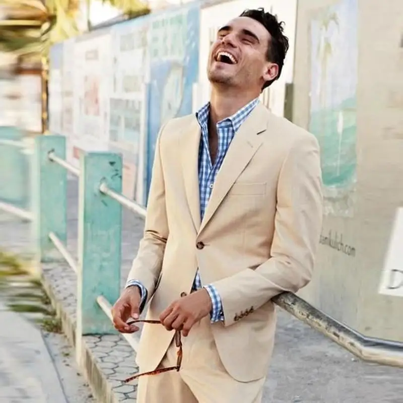 New Arrival Beige Men Suits Slim Fit Two Button Wedding Groom Tuxedos 2 Pieces JacketPants ...
