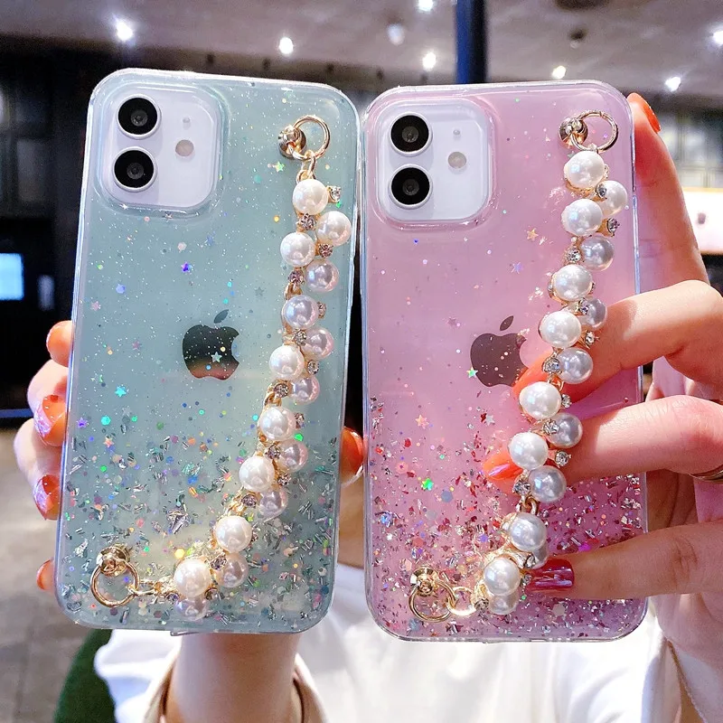 Luxury Pearl Bracelet Chain Glitter Clear Soft Case For iPhone 13 12 ...