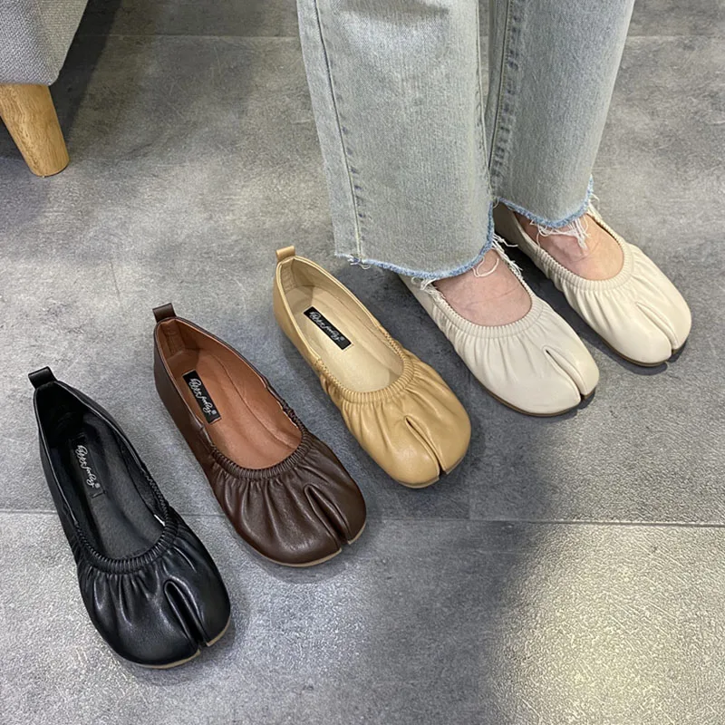 Pleated Split toe shoes for women elastic band moccasins cozy solid ...