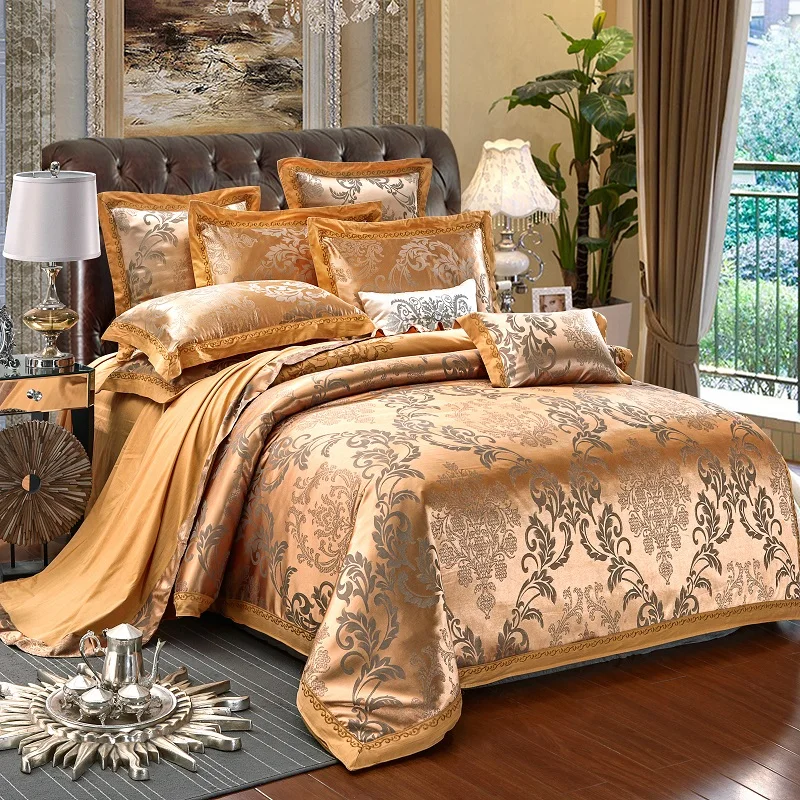 Jianshang Juego de ropa de cama de lujo, edredón Jacquard satinado de algodón dorado, disponible ...