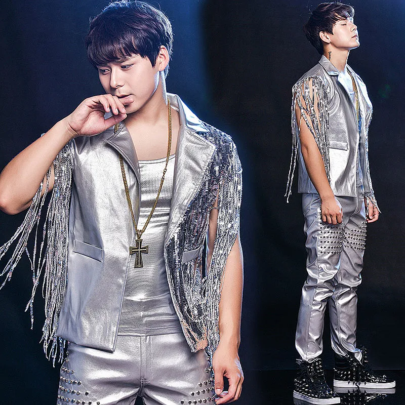 Silver Jazz Dance Costume Sequin Stage Wear For Nightclub Men Singers ...