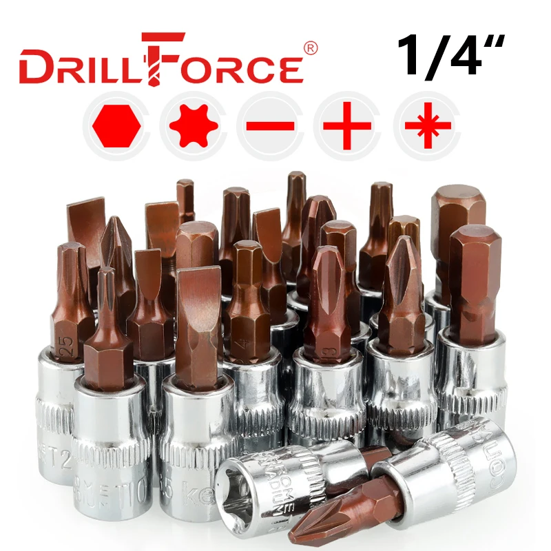 Drillforce 1/4" Drive Torx Hexagon Slotted Phillips Pozi Socket Bit S2 ...