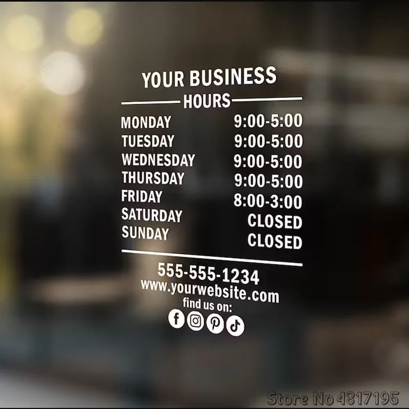 Your business Opening Hours Window Stickers Custom Time Coffee Shop ...