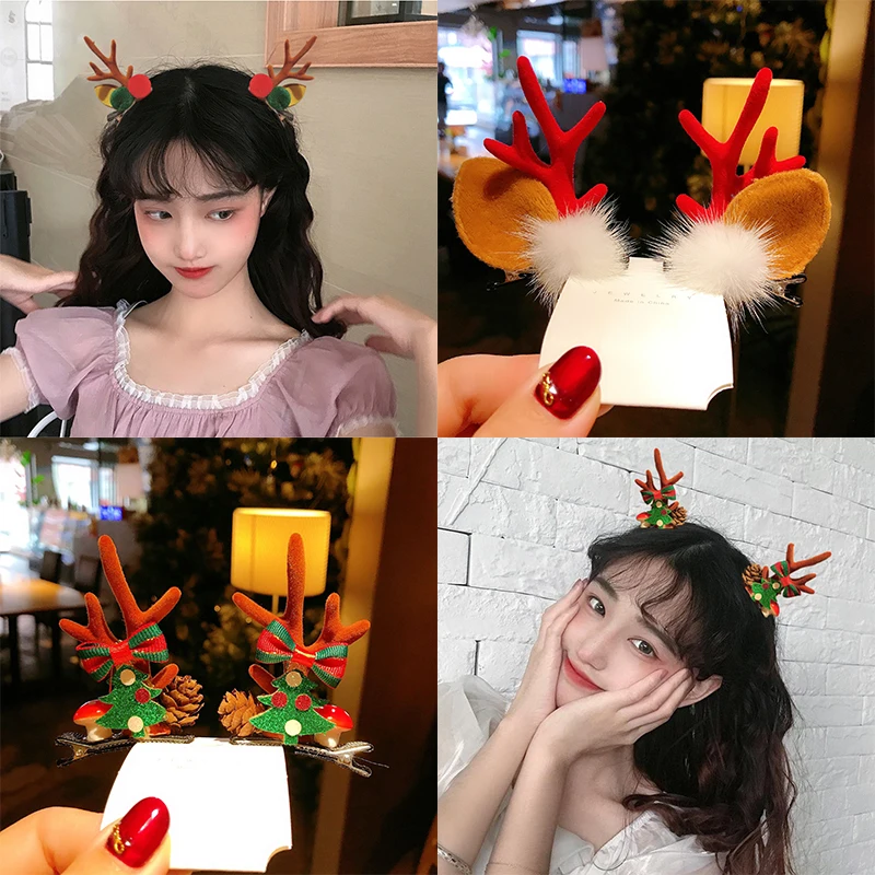 귀여운 크리스마스 뿔 헤어핀 여성용 헤어 액세서리 엘크 사이드 클립 소녀 파티 헤어핀 덕빌 클립 파인 헤어 클립 선물여성