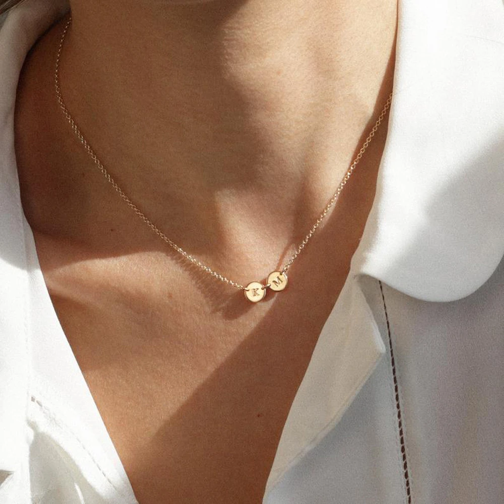 Gold Tiny Disc Initial Necklace Letter Custom Name Necklace Personalized Dainty Engraved Dise ...