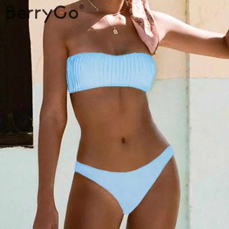 Berrygo Sexy Fruncido Bikini Sets Mujer Bandeau Traje De Baño Informal
