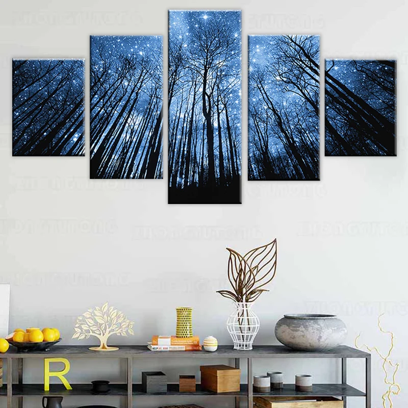 Modular Pictures Home Decor Wall Art 5 Pcs Forest With Bule Starry Sky ...