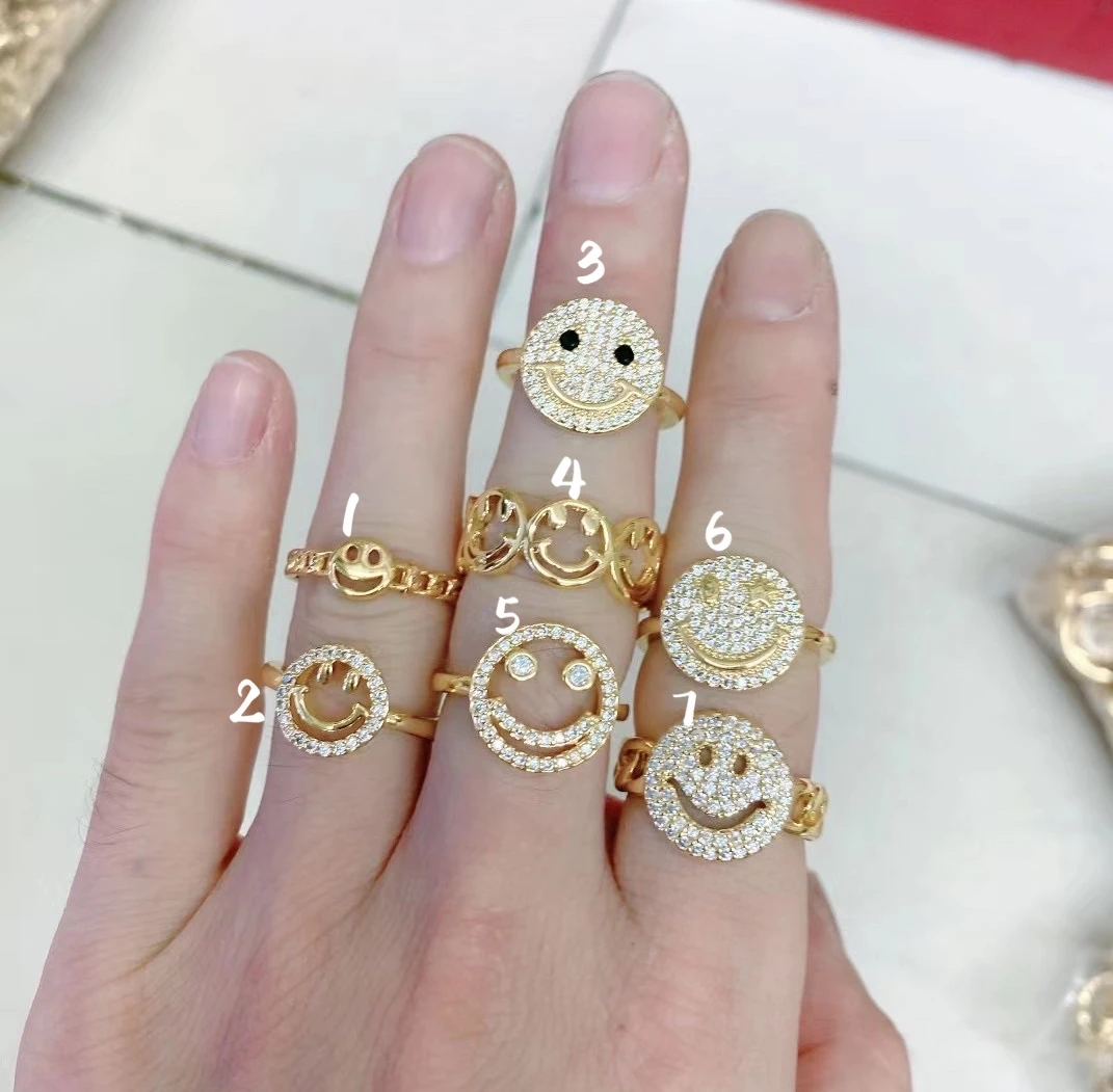 10Pcs Gold Plated zirconia cz pave smile smiley happy face lovely Ring ...