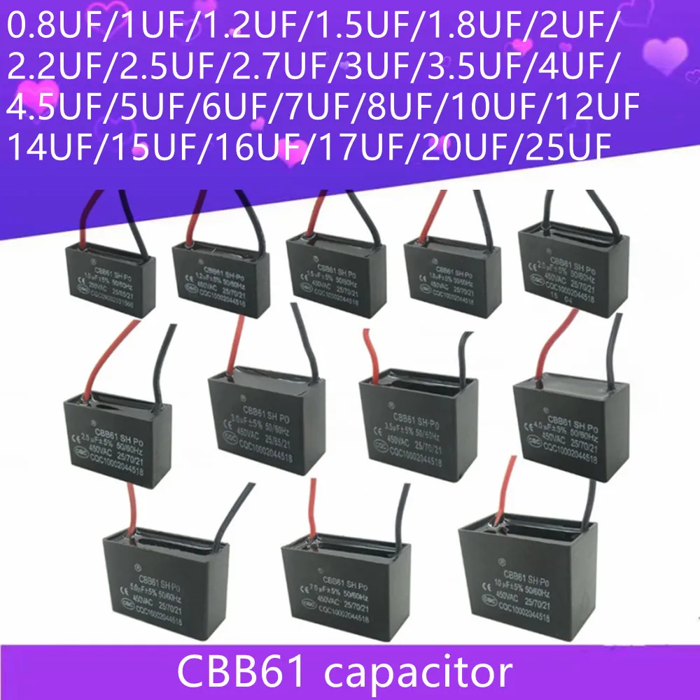 CBB61 Rectangular Capacitor Ceiling Fan Motor 450V 0.8/1/1.2/1.5/1.8/2 ...