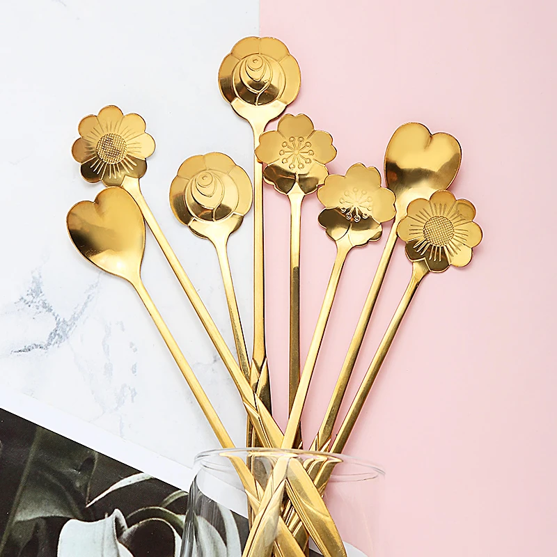 6pcs Gold Flower Stainless Steel Tea Spoons Set Coffee Spoon Honey ...