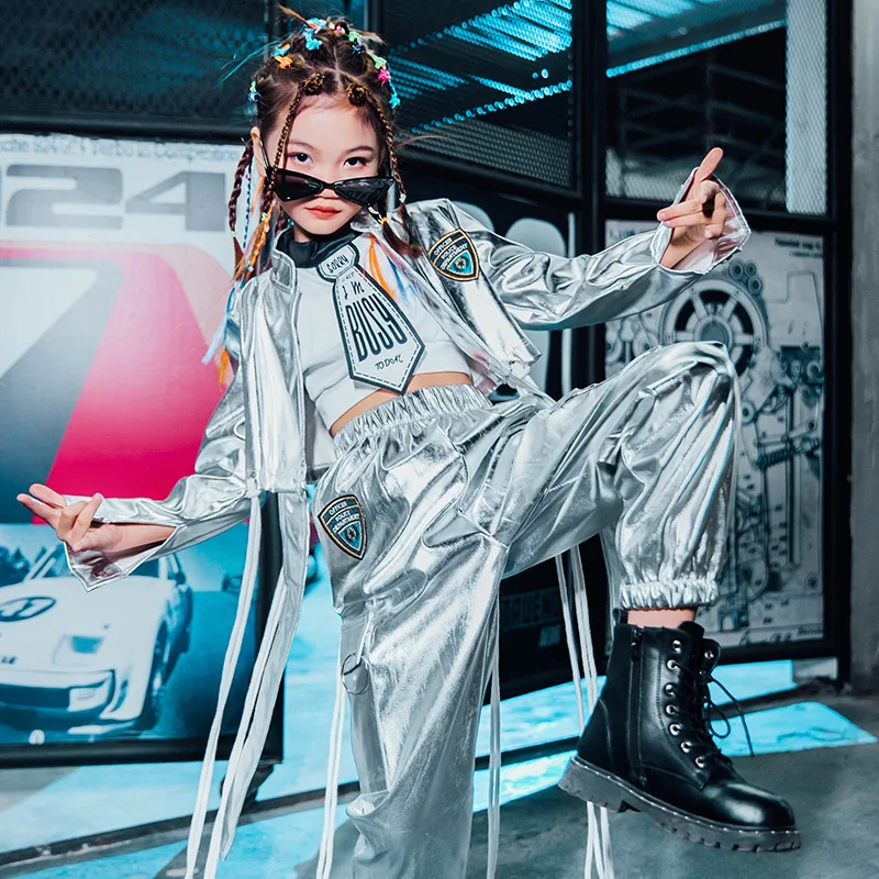Kids Hip Hop Jazz Dance Clothing Costume Sliver Top Hip Hop Cargo Pants ...