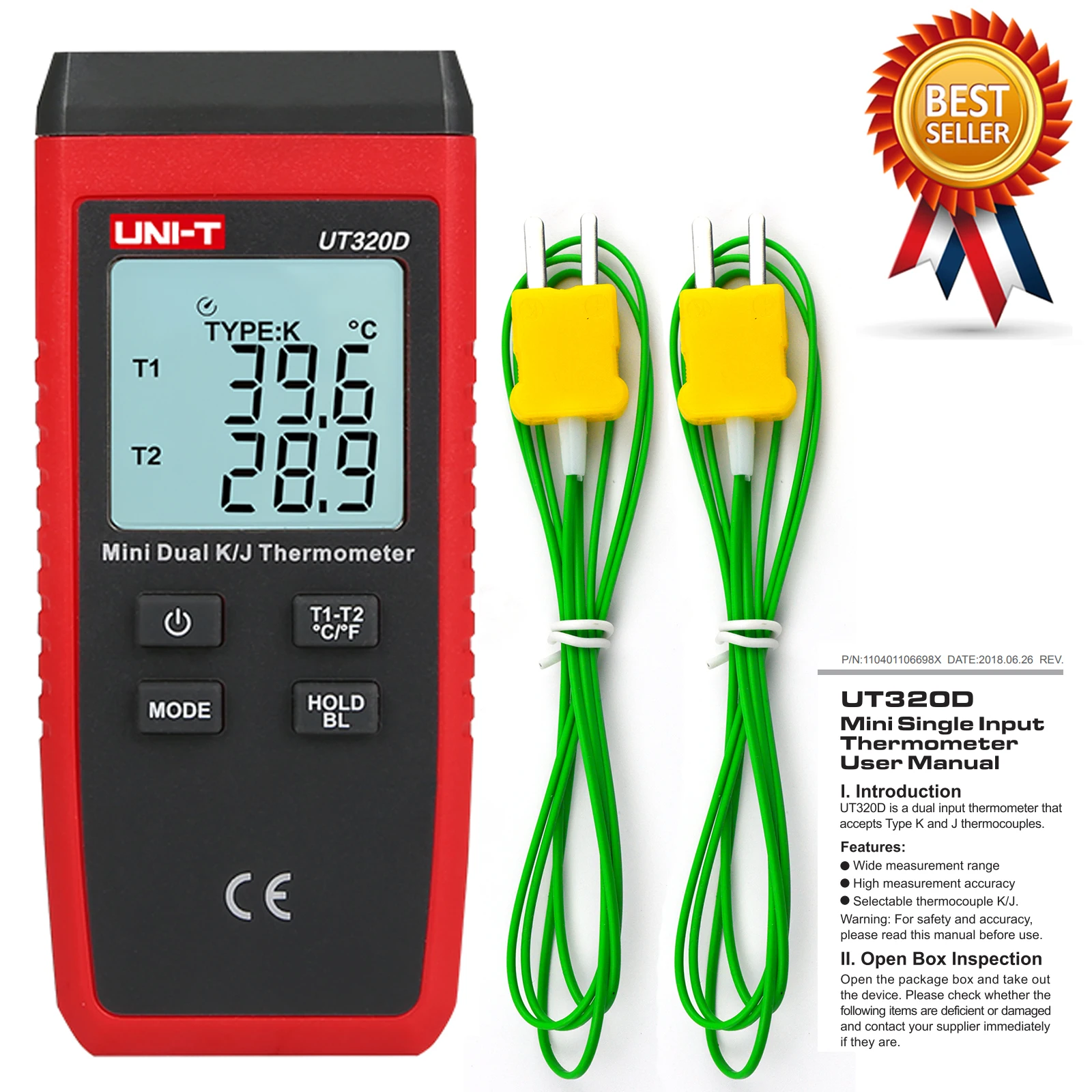 UNI-T UT320D Mini Contact Type Digital Thermometer Dual Channel K/J ...